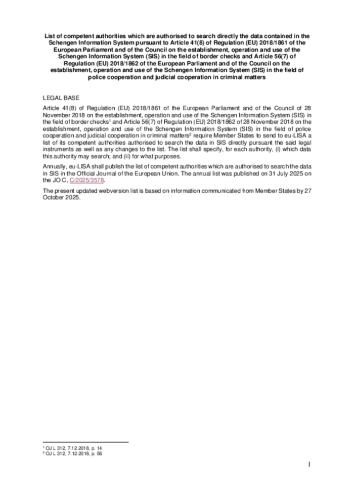 SIS - List of competent authorities 2025 - Updated | eu-LISA