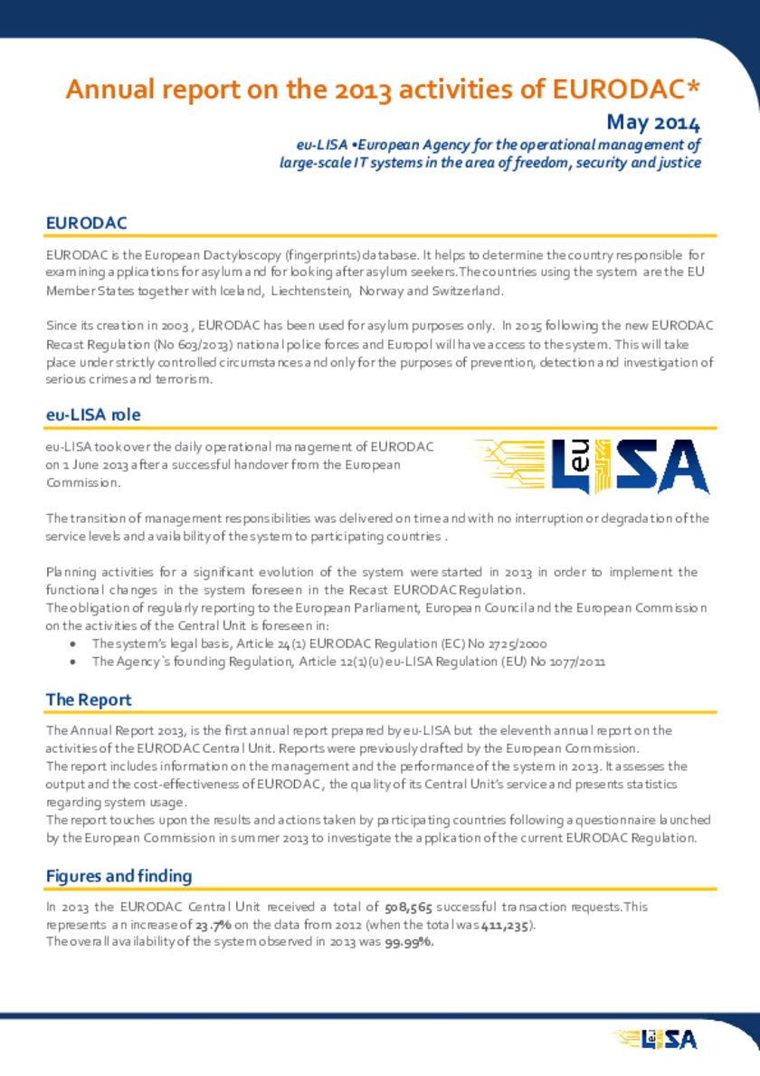 Factsheet: Eurodac Annual Report 2013 | eu-LISA